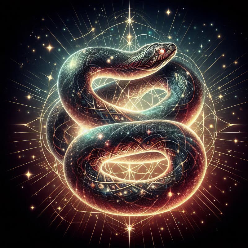 An Elegantly Coiled Serpent Interlaced with Cosmic Star Pattern Stock ...