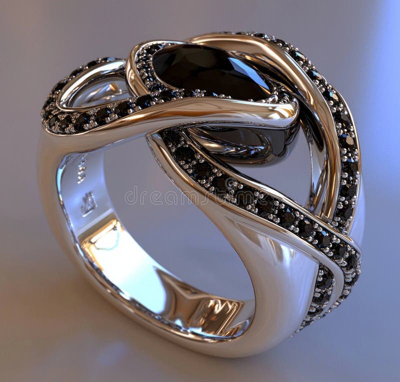 Elegant Silver Ring with Black Gemstone and Intricate Design Stock ...