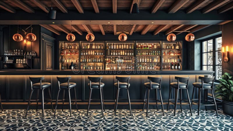 Elegantly Designed Bar Interior with a Blue and Dark Wood Color Scheme ...