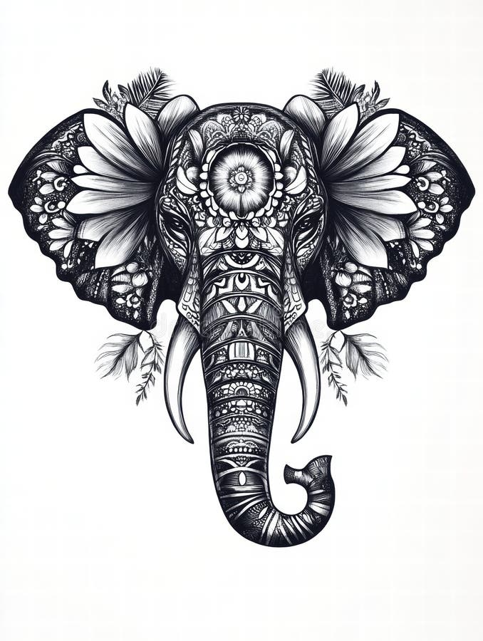 Detailed Illustration of an Elephant with Intricate Designs and Floral ...