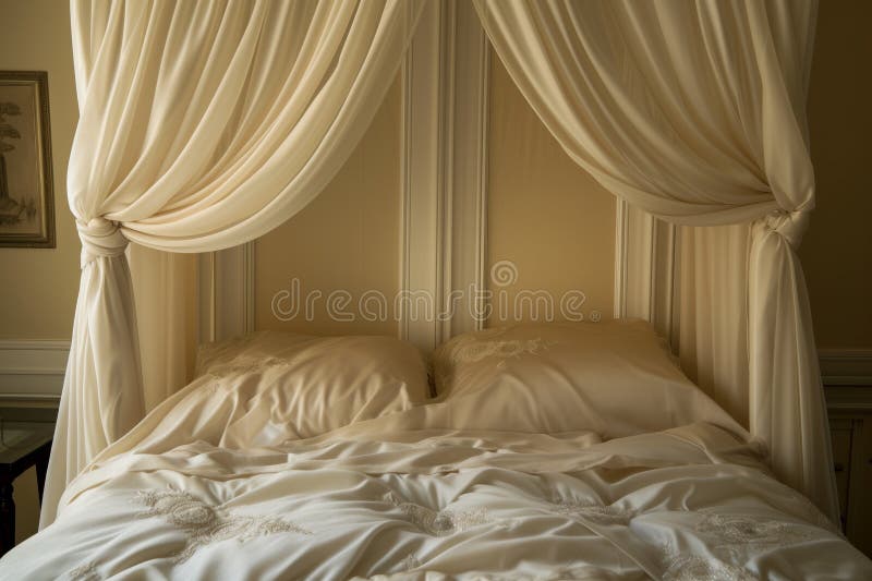 Elegantly Draped Canopy Over a Bed with Satin Bedding Stock Photo ...