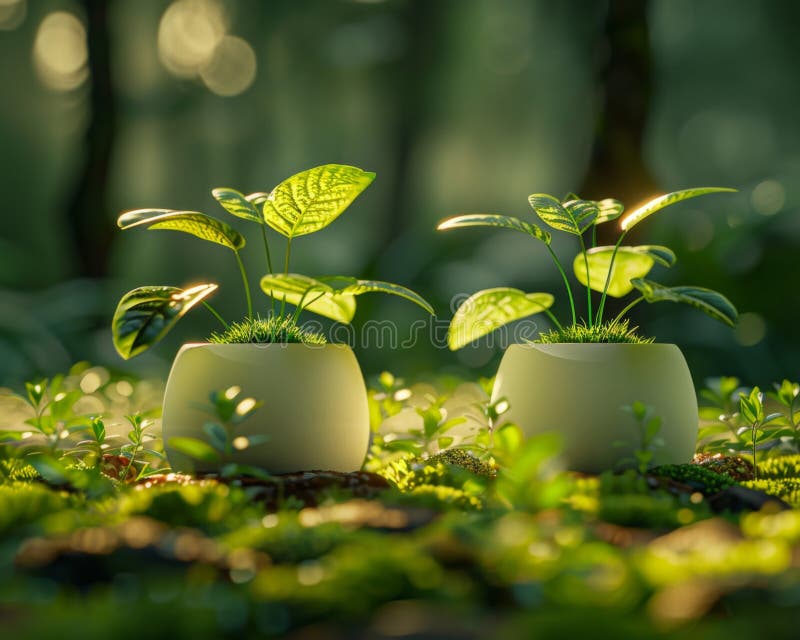 Elegantly Potted Young Plants Basking Young Plants in Modern White Pots ...