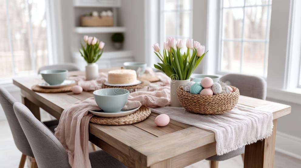 An Elegantly Set Easter Dining Table Adorned with Flowers, Eggs, and ...