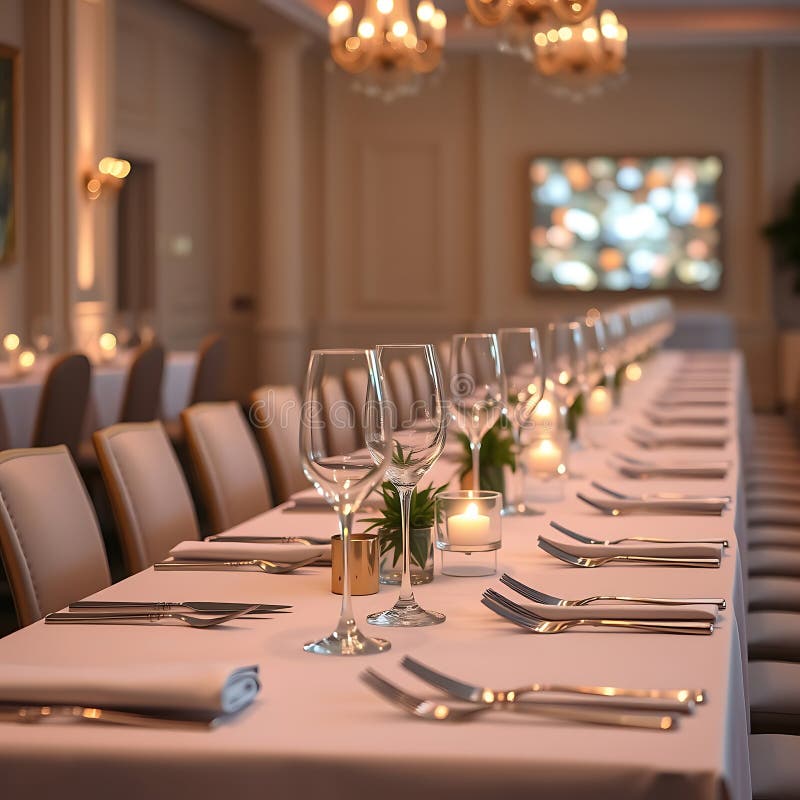An Elegantly Set Long Dining Table for a Fine Dining Event with ...