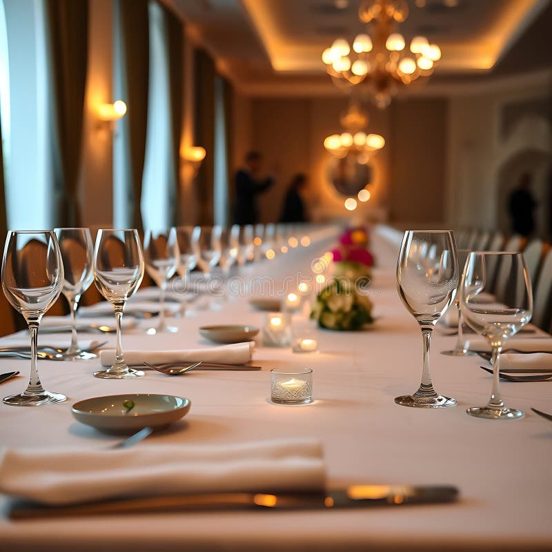 An Elegantly Set Long Dining Table for a Fine Dining Event with ...