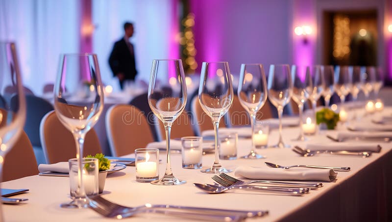 An Elegantly Set Long Dining Table for a Fine Dining Event with ...