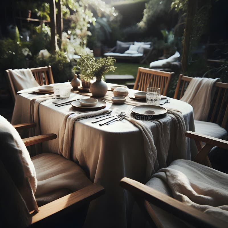 Elegantly Set Outdoor Dining Table with Neutral Tones in a Lush Garden ...