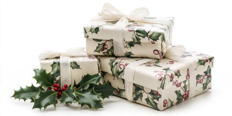 Elegantly Wrapped Christmas Gift Boxes with Holly Decorations for ...