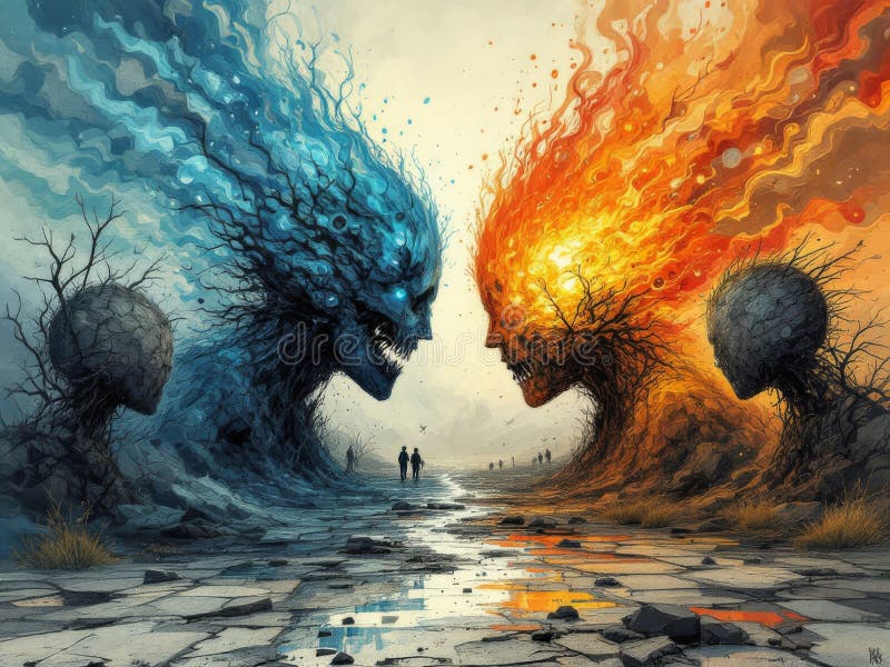 Elemental Beings of Ice and Fire Face Each Other, with Distant Figures ...