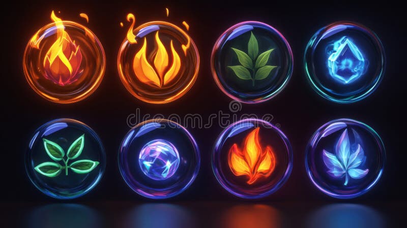 Elemental Icon Set Featuring Fire Water Earth and Air Against Dark ...