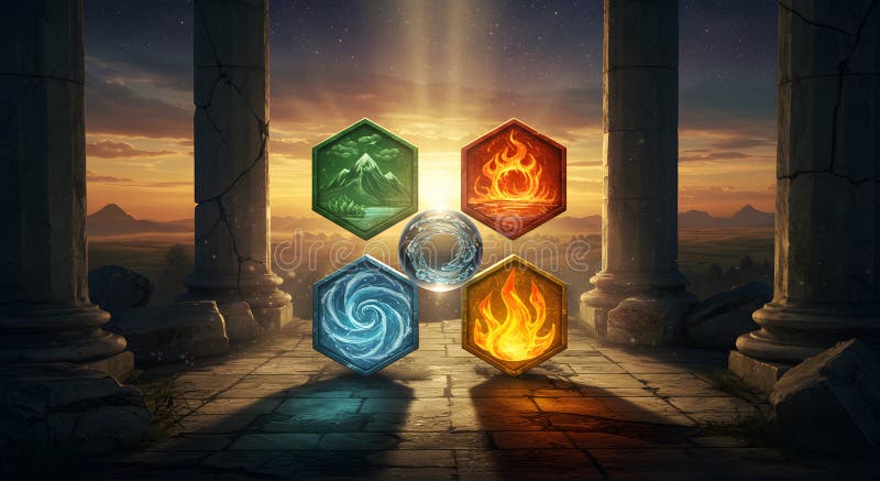 Elemental Icons Grouped on Ancient Ruins with Dramatic Sunset Lighting ...