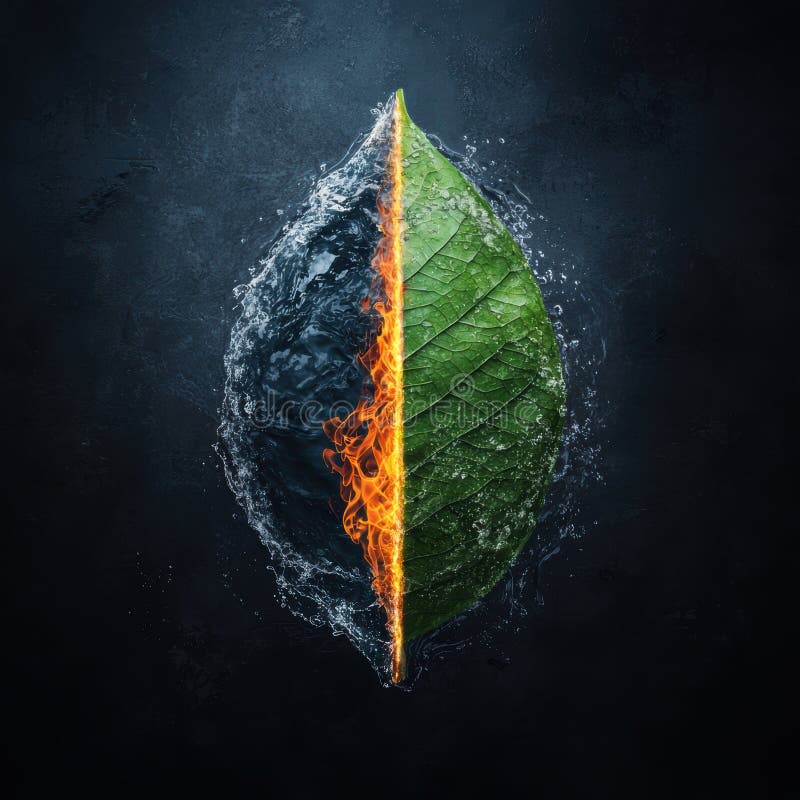 Elemental Leaf in Fire and Water Stock Illustration - Illustration of ...