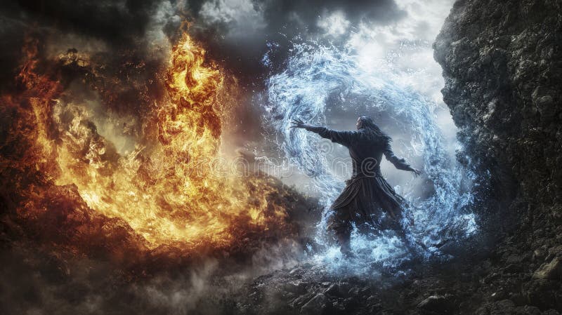 Elemental Sorcerer Commands Water and Fire Magic Fantasy Realm Digital ...