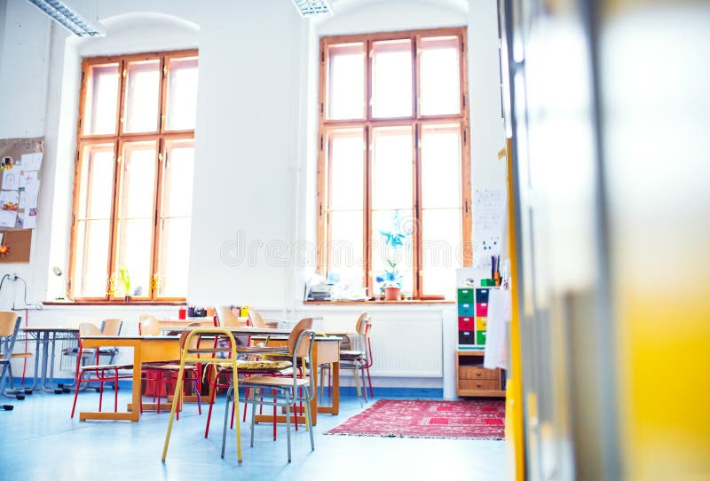Elementary Classroom with Big Windows, No Students. Last Day of School ...