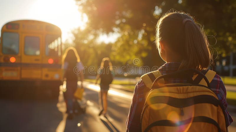 Elementary or Middle School Kids Running To a School Bus in the Morning ...