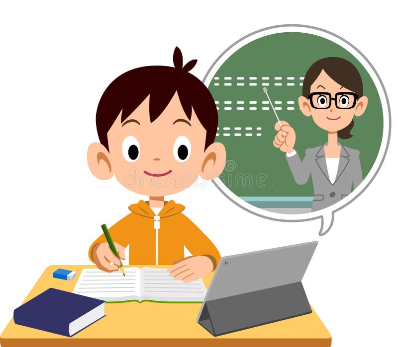 Elementary School Boy Taking Classes Online Stock Vector - Illustration ...