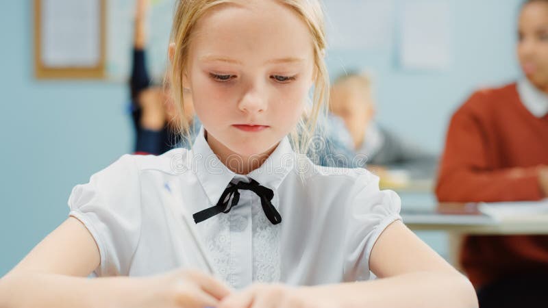 In Elementary School Class: Portrait of a Brilliant and Cute Caucasian ...