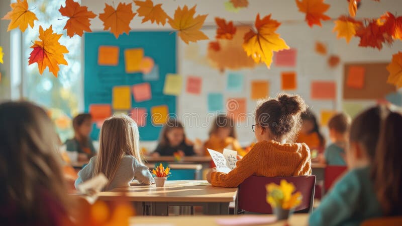 Elementary School Classroom Decorated for Autumn with Children Learning ...