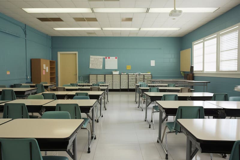 Elementary School Classroom Interior with Blue Wall and Projector ...
