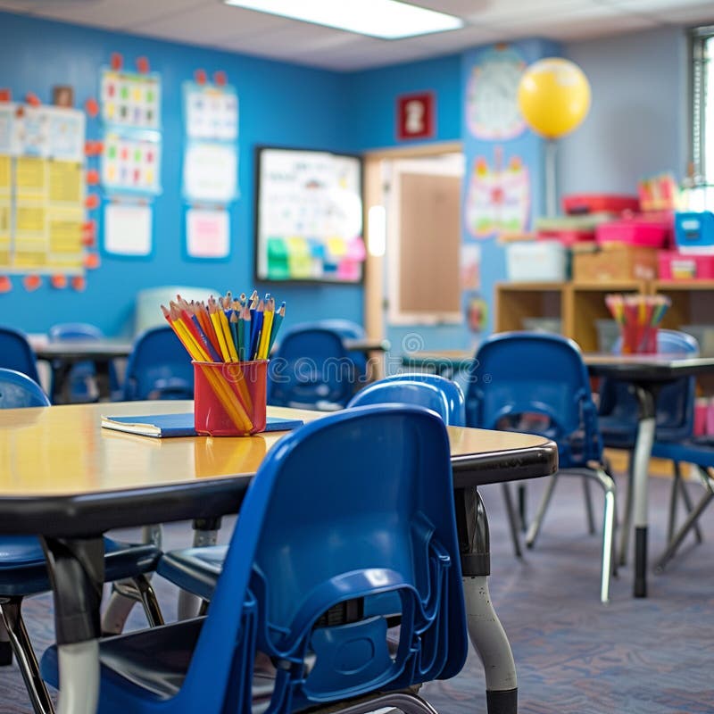 Elementary School Classroom with Tables and Chairs Stock Illustration ...