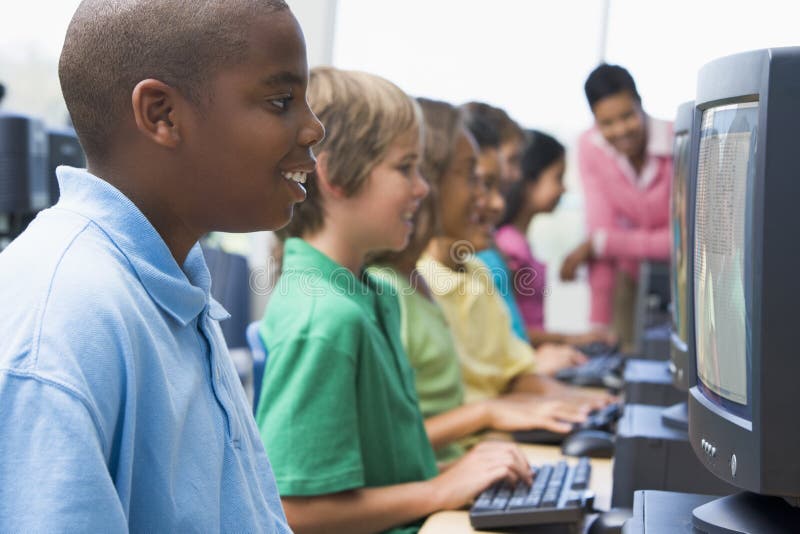 Elementary School Computer Class Stock Image - Image of interior, group ...