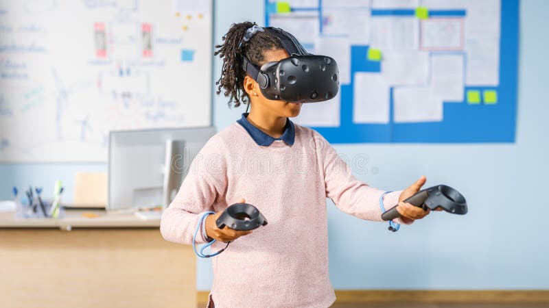 Elementary School Computer Science Class: Cute Girl Wearing Augmented ...