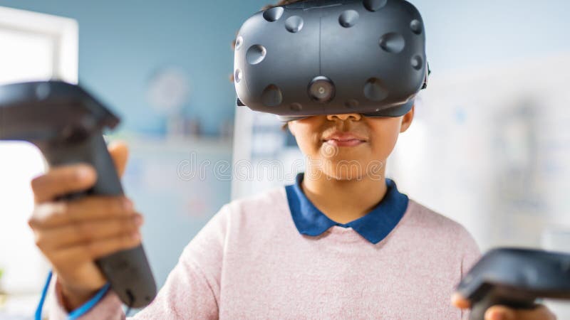 Elementary School Computer Science Class: Cute Girl Wearing Augmented ...