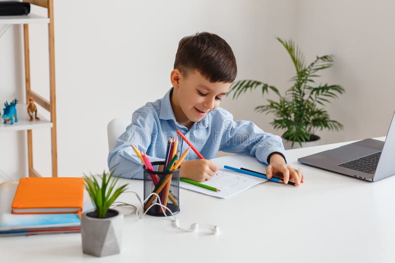 Elementary School E-learning Via Video Call Stock Photo - Image of ...