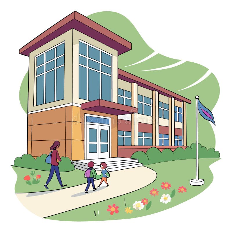 Elementary School Entrance with Parents and Students Stock Vector ...