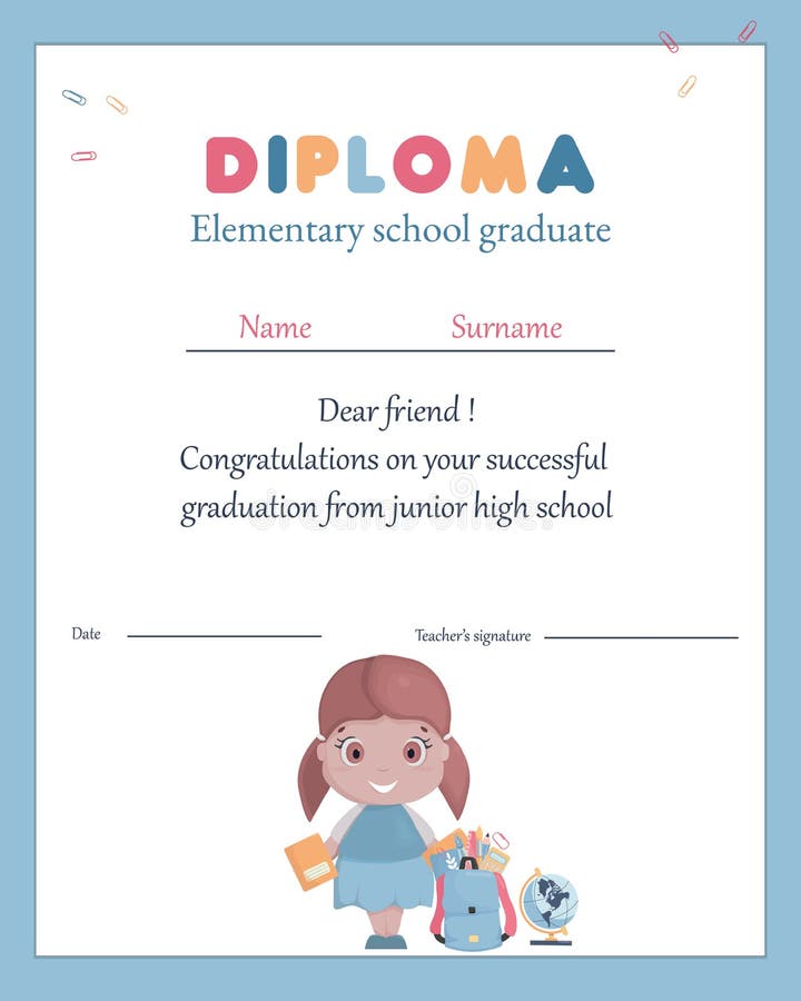 Elementary School Graduation Diploma Vector Template.Printable Design ...