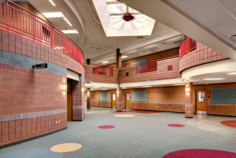 Elementary School Hallway with Exit Doors Stock Image - Image of ...