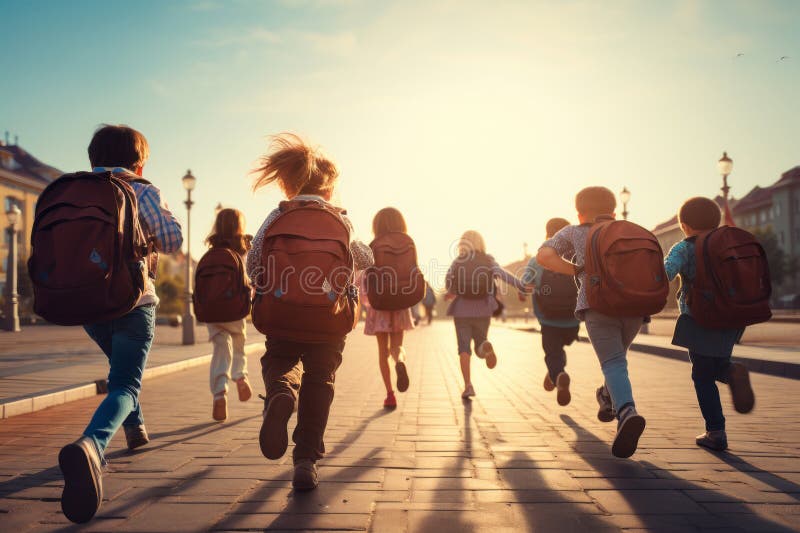 Elementary School Kids from Behind with Backpacks Running. AI Generated ...