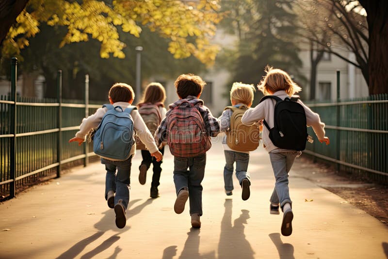 Elementary School Kids Running into School, Fun Kids Return Home ...