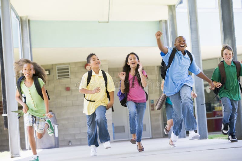 Elementary School Pupils Running Outside Stock Photo - Image of girls ...