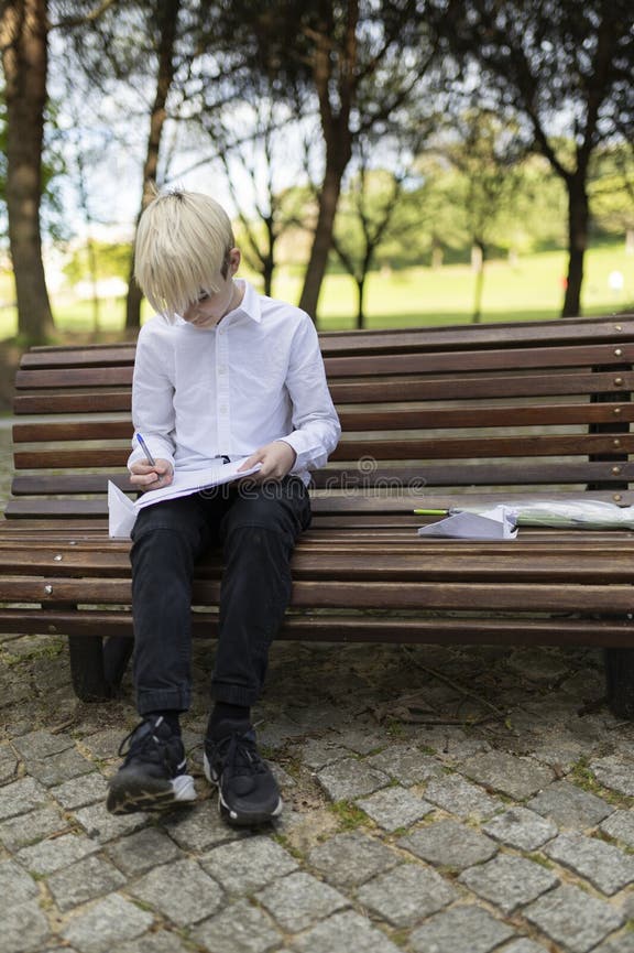 Elementary School Student Doing Homework Outdoors on Park Bench Stock ...