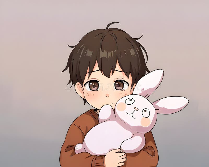Elementary School Student Hugging His Rabbit Bear with a Scared ...