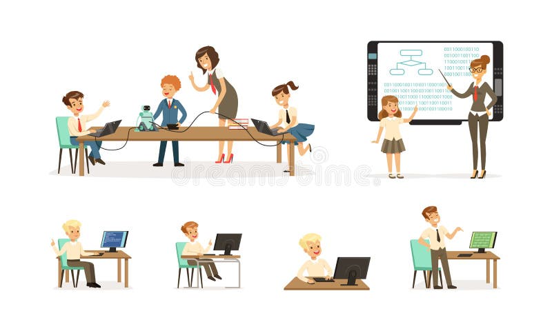 Elementary School Students at Programming Lesson. Children Programming ...
