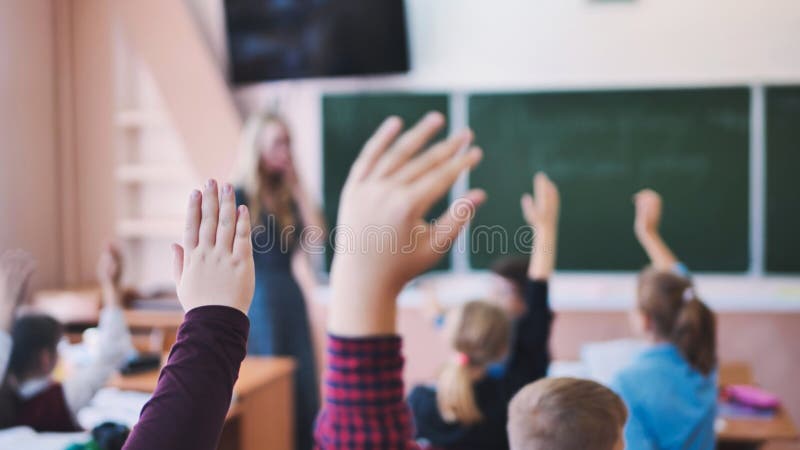 Elementary School Students Raise Their Hands during Class. Stock Photo ...