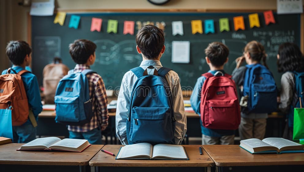 Elementary School Students Standing in Classroom with Backpacks Facing ...