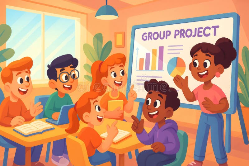 Elementary School Students Working on Group Project, Presenting Charts ...