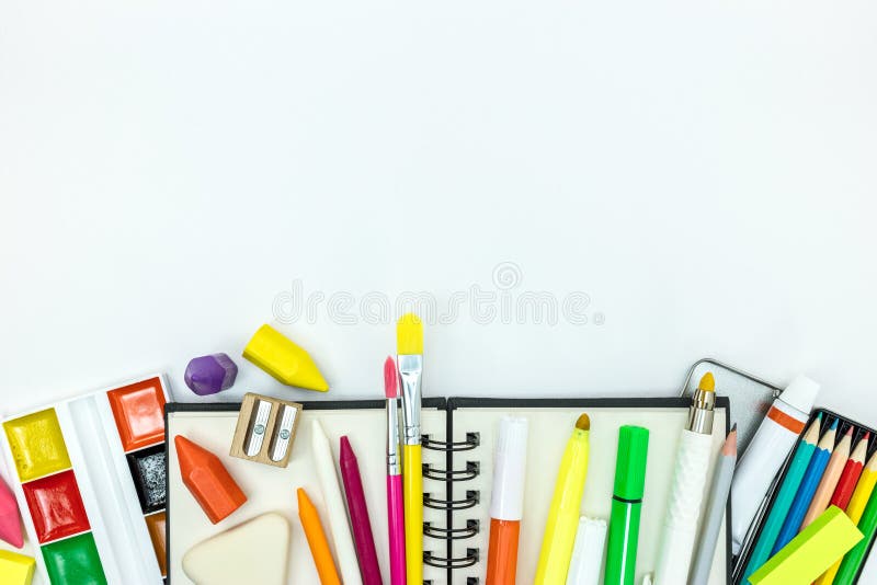 Different School Supplies on Desk. Colored Pencils, Markers ...