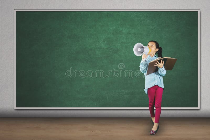 Schoolgirl Shouting with Megaphone in Classroom Stock Image - Image of ...