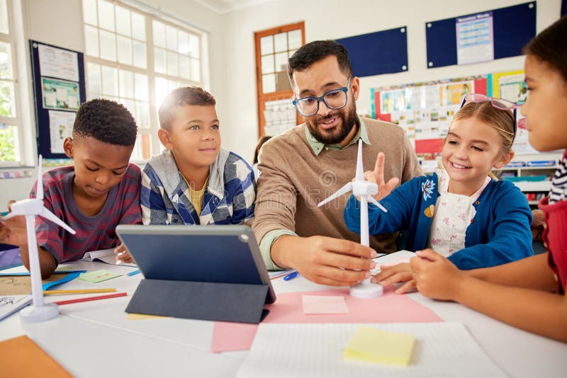 Elementary Students Learning about Renewable Energy with Wind Turbine ...