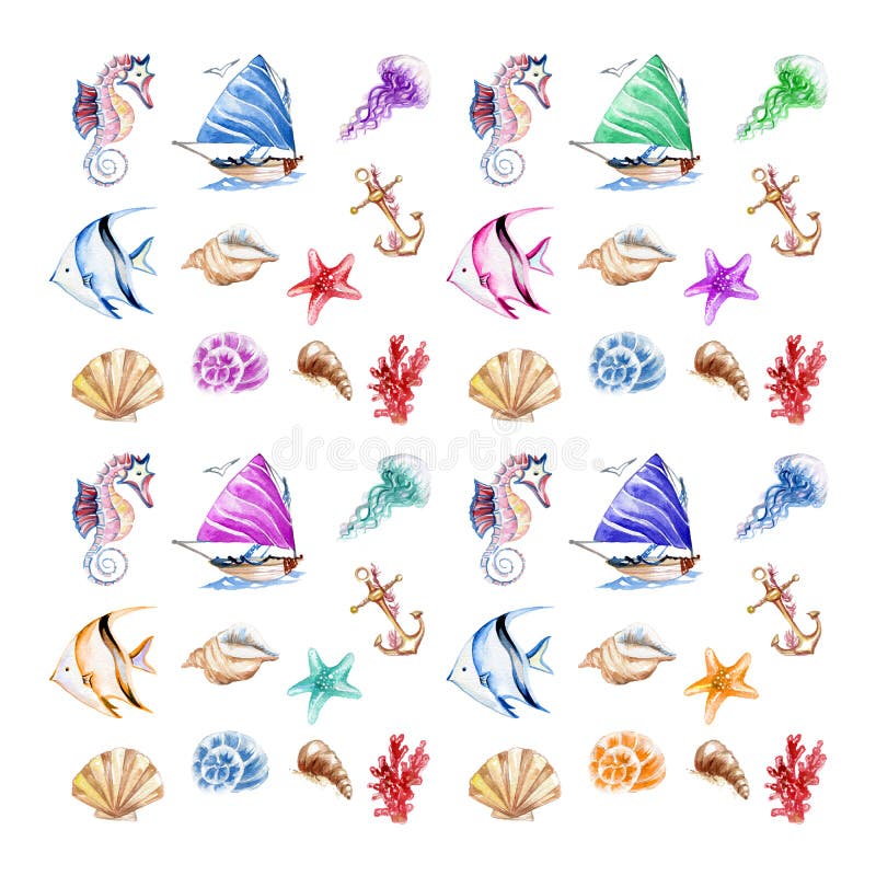 Elementos do mar ilustração stock. Ilustração de pintura - 134131413