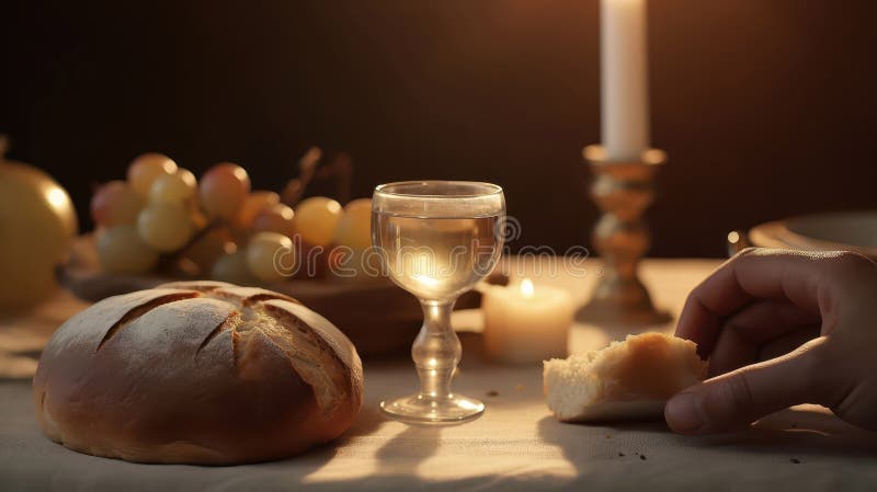 A Communion Table is Set with Bread and Wine in Warm Candlelight ...