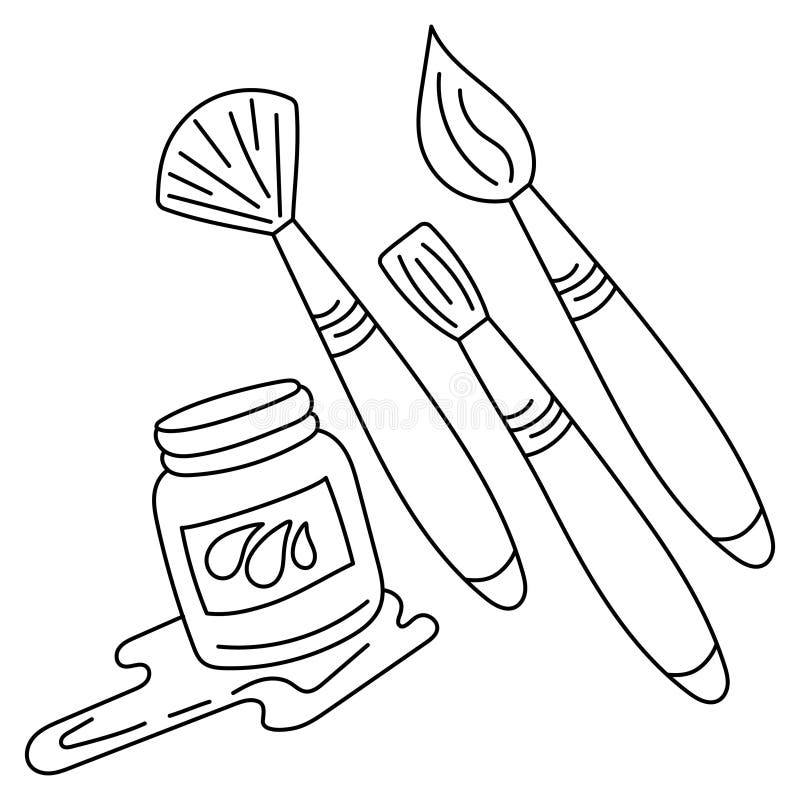 Elements of Drawing Tools. Brushes and a Can of Paint. Outline Doodle ...