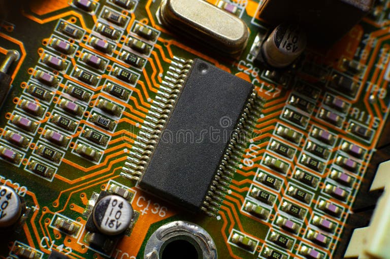 Elements of Microcircuits on a Green and Red Board. Microprocessor on the Board Stock Image ...
