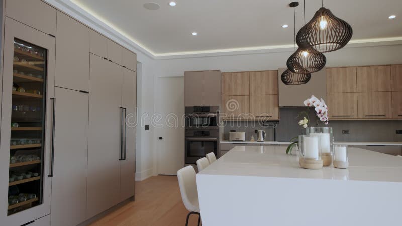 Modern Luxurious Kitchen Interior Design, Move Camera Footage. Wide ...
