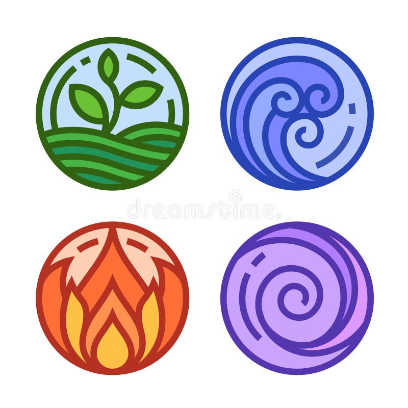 4 Elements of Nature Symbols Abstract Line Border Circle Style with ...
