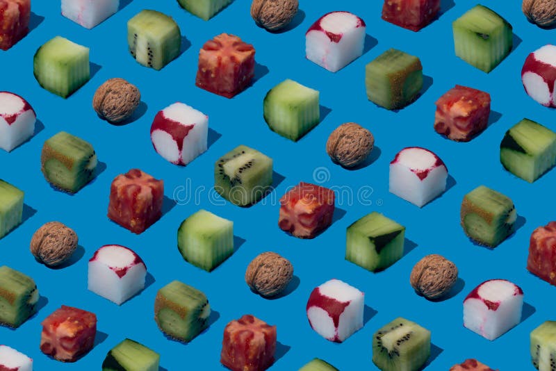 Elements are Tomato, Cucumber, Kiwi and Radish Cut into Cubes and ...